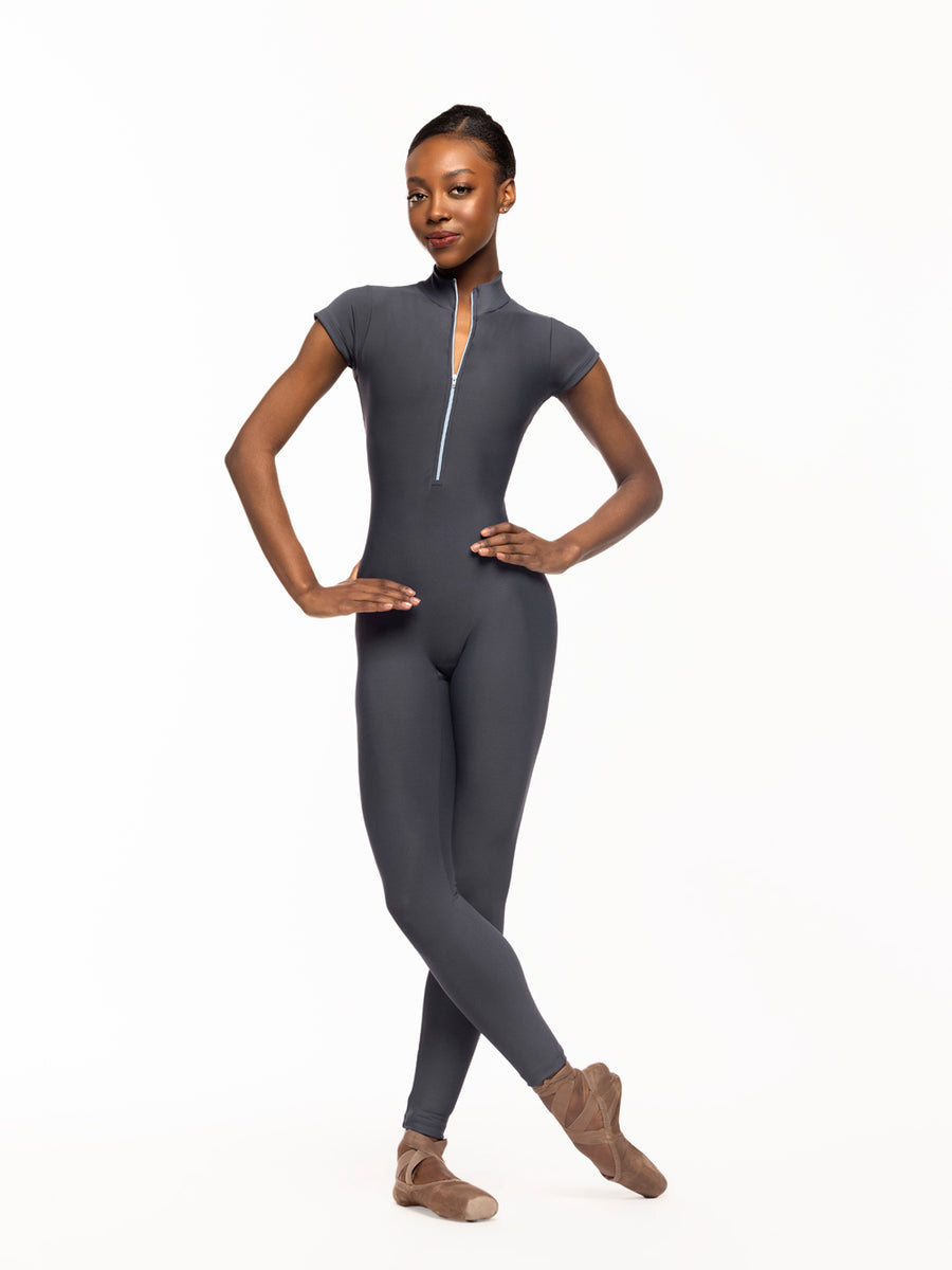Elevé Dancewear Womens Dark Gray Unitard with Front Zipper & Cap Sleeves